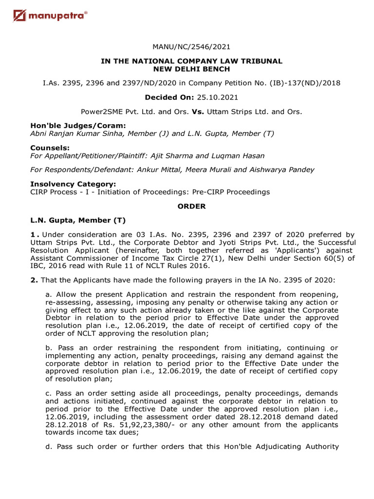Power2SME PVT LTD and Ors Vs Uttam Strips LTD and NC202102112116121155COM488301 | PDF ...