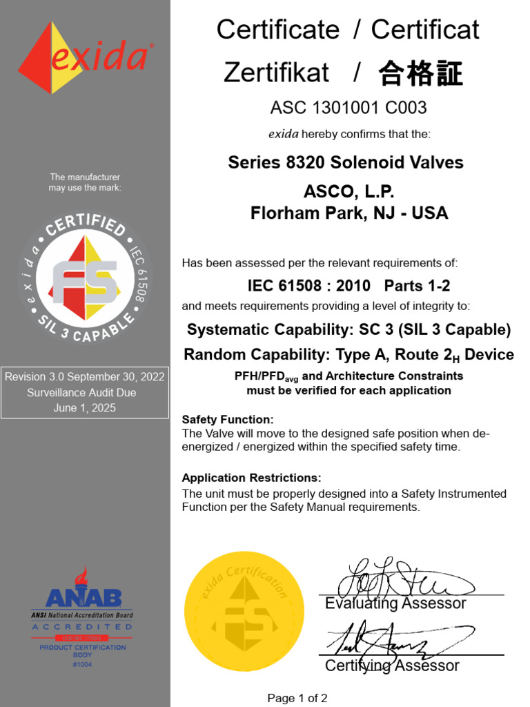 SIL 3 Certificate ASCO Series 8320 Solenoid Valves (2022-2025) | PDF ...