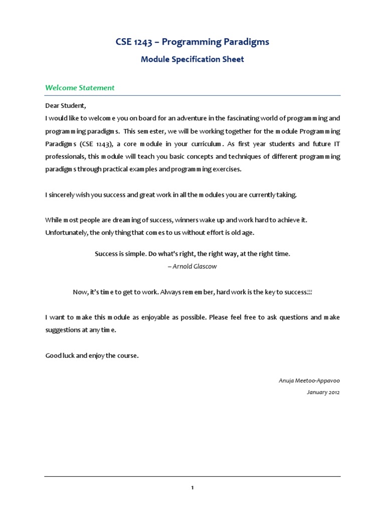 CSE 1243 - Module Specification Sheet-1 | PDF | Programming Paradigms | Computer Programming