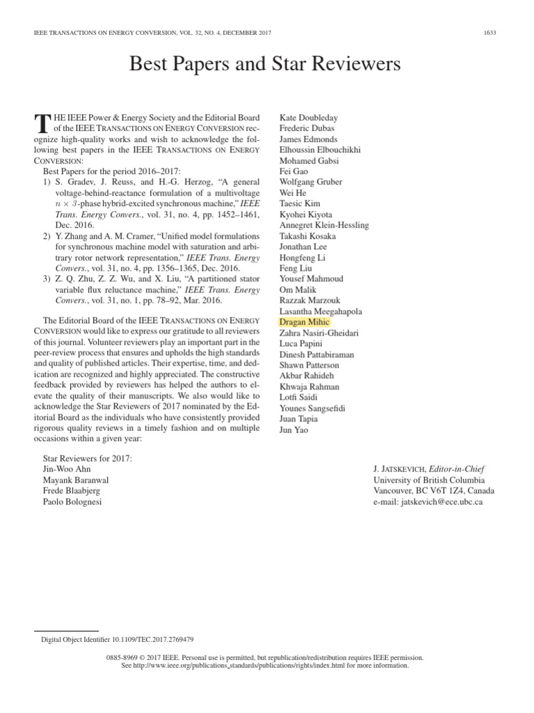 Best Papers and Star Reviewers Dragan Mihic The IEEE Power&Energy ...