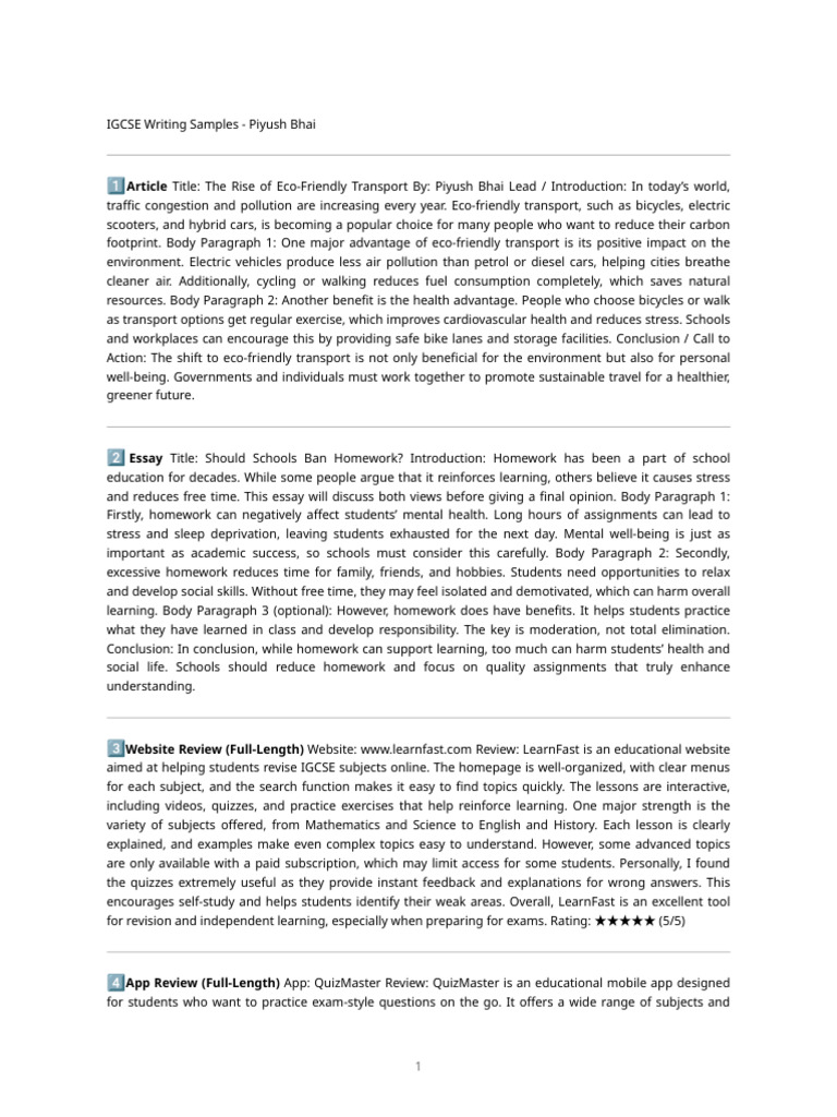 IGCSE Writing Samples and Reviews | PDF | Homework | Transport