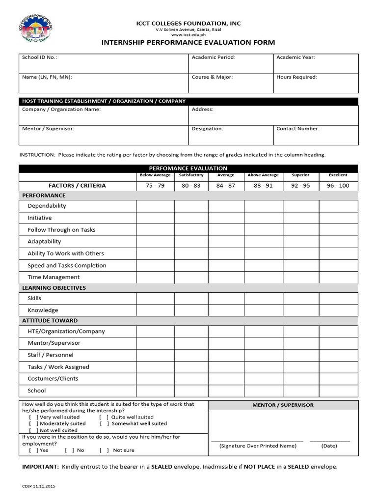 ICCT 2016 - Internship Evaluation Form | PDF
