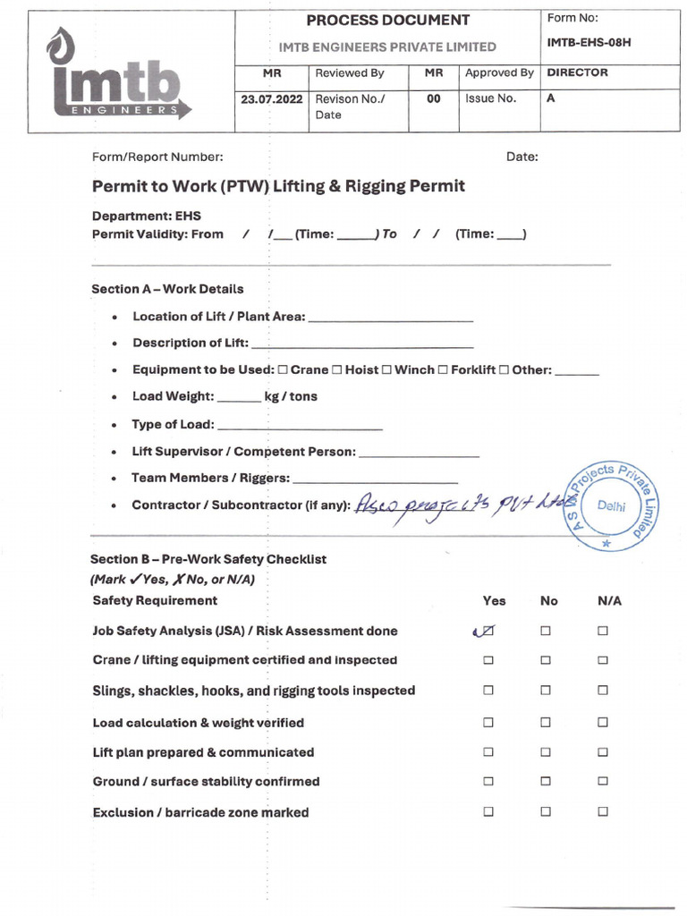 IMTB-EHS-08H - Permit To Work (PTW) Lifting & Rigging Permit | PDF