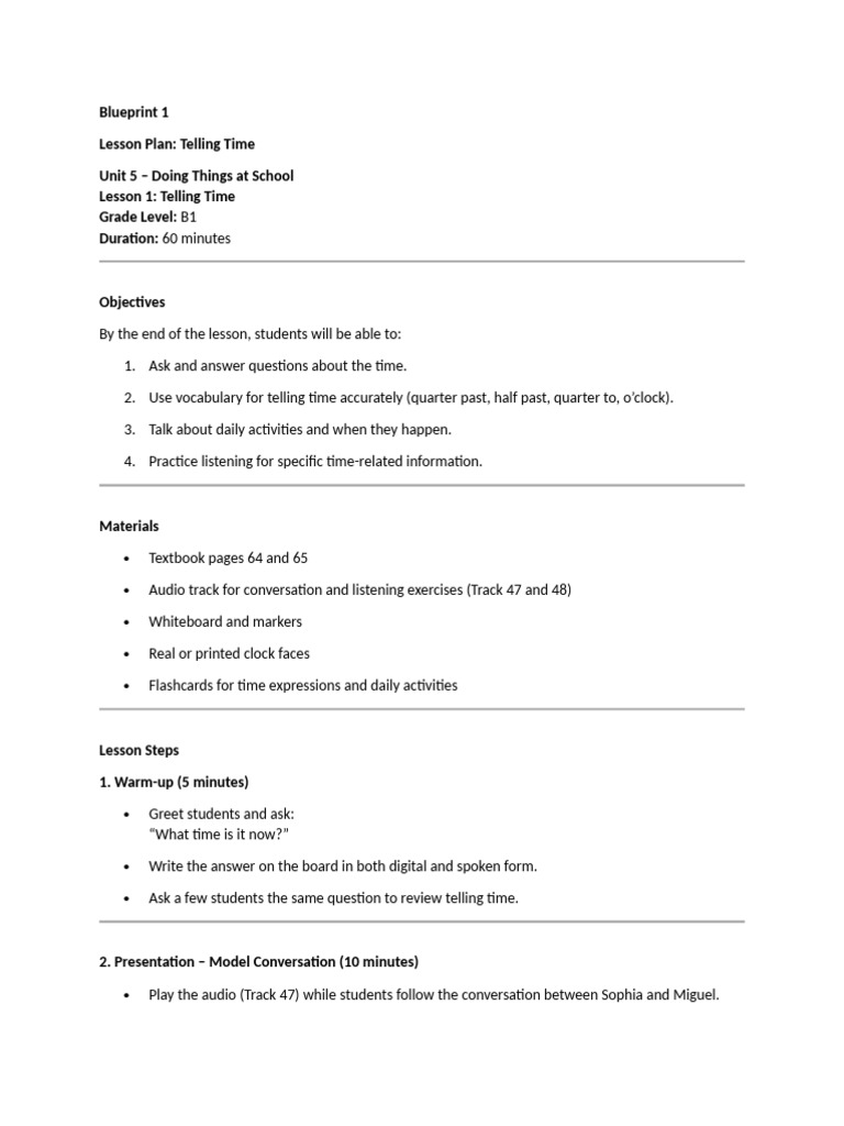 Lesson Plan: Telling Time for B1 Students | PDF | Learning | Human ...