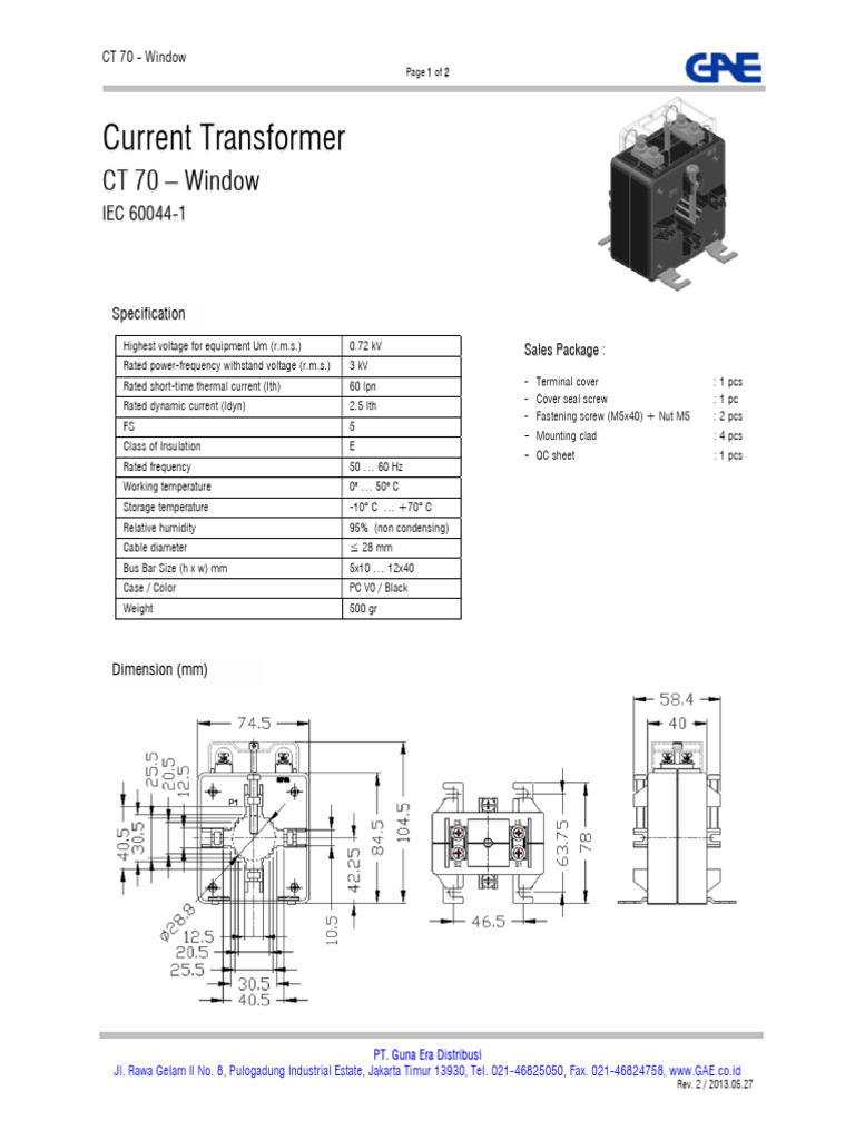 CT 70 Window Current Transformer Specs | PDF | Power Engineering ...