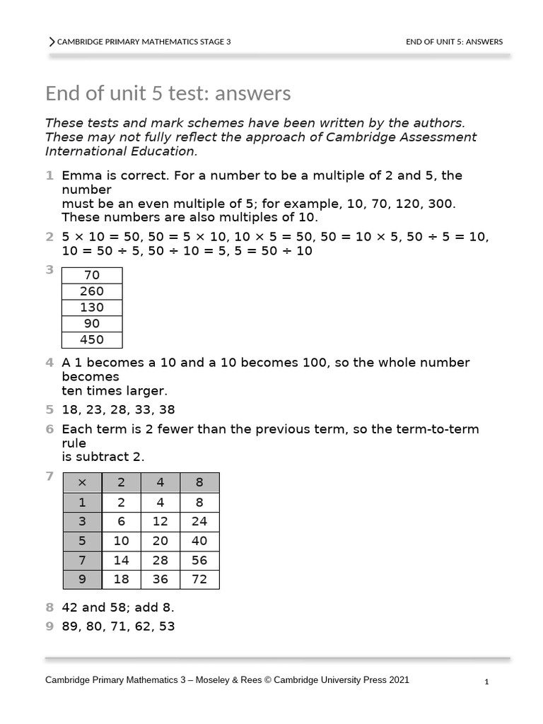 Prim Maths 3 2ed TR Unit 5 Test Answers | PDF | Multiplication ...