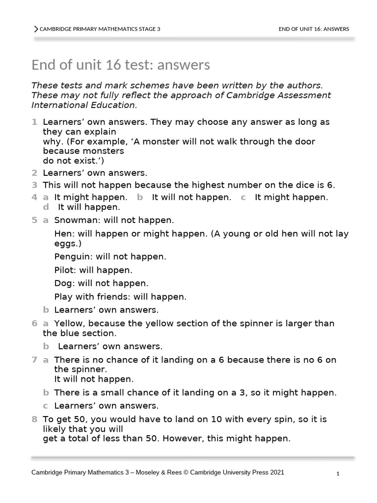 Cambridge Primary Math Stage 3 Unit 16 Answers | PDF | Cognition | Learning