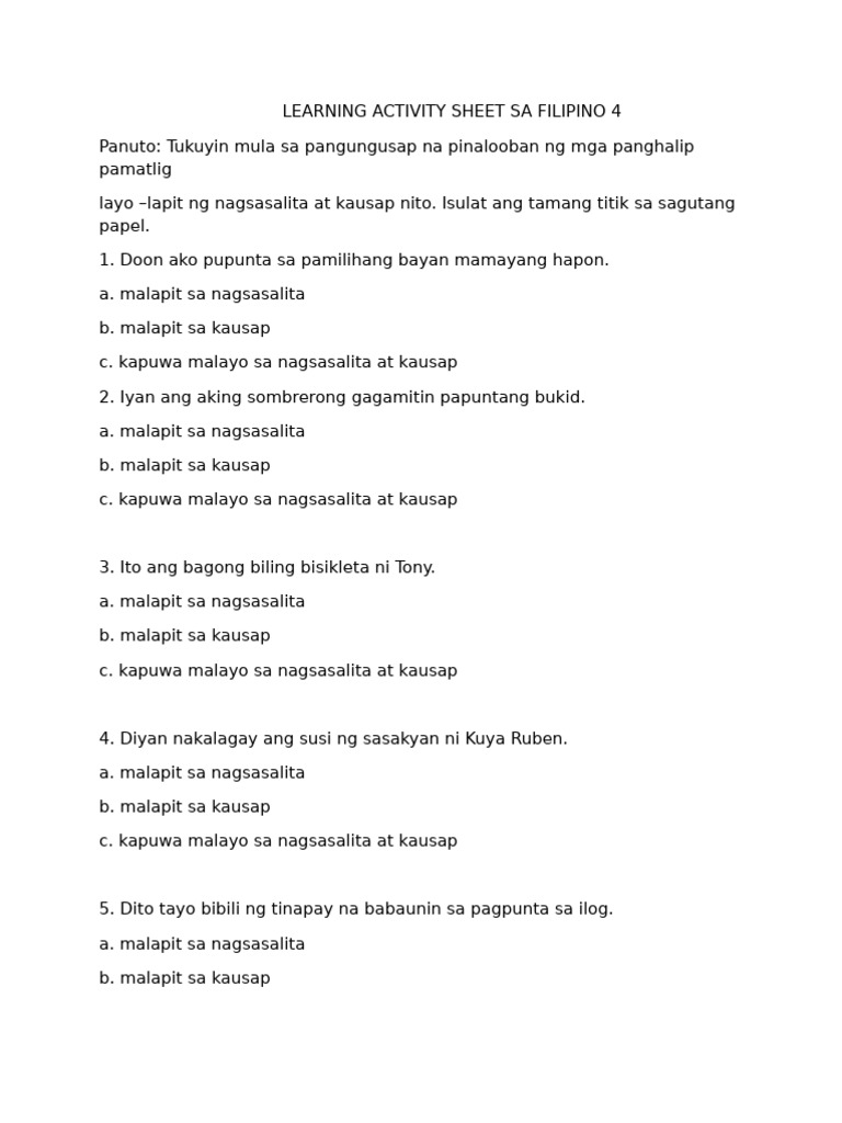 Learning Activity Sheet Sa Filipino 4 | PDF