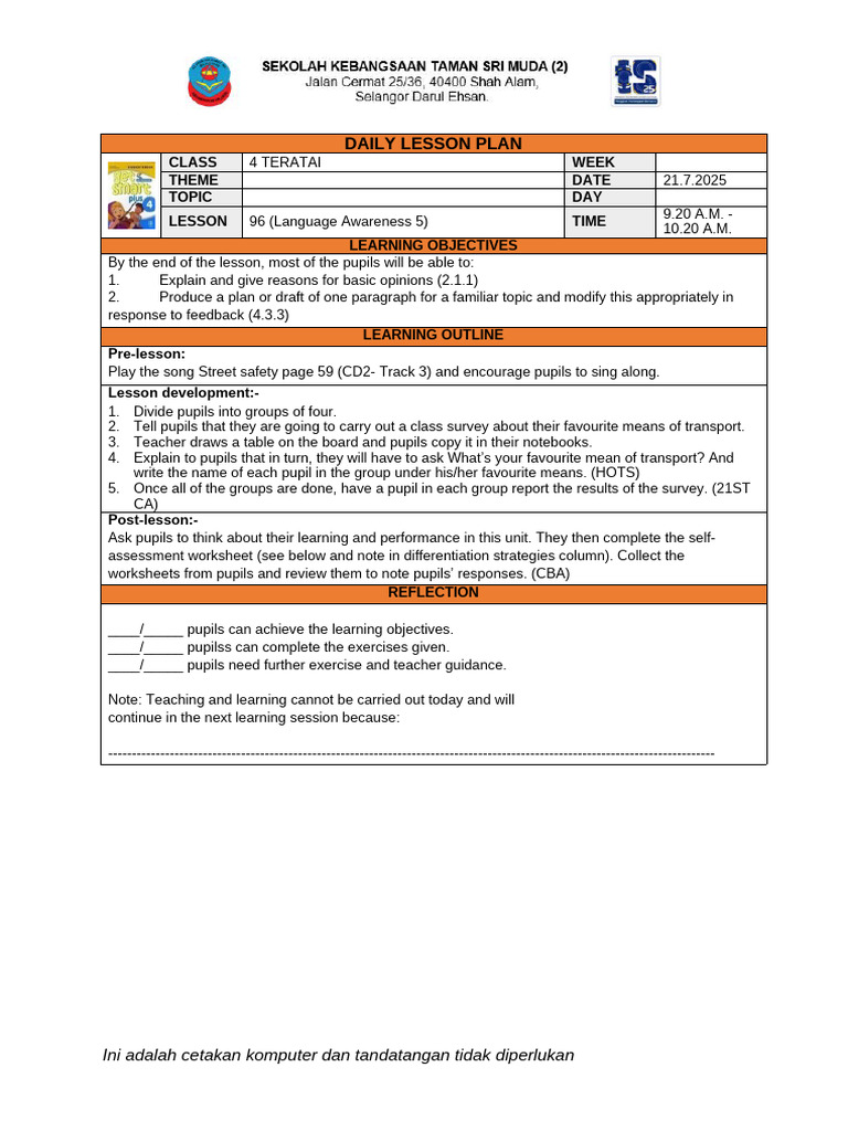 Daily Lesson Plan for Class 4 Teratai | PDF | Lesson Plan | Learning