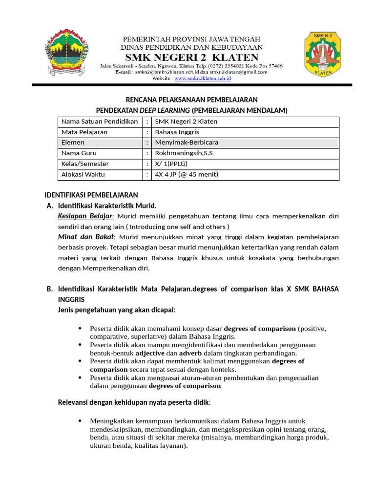 Modul Ajar Degrees of Comparison Kelas X Deep Learning. | PDF
