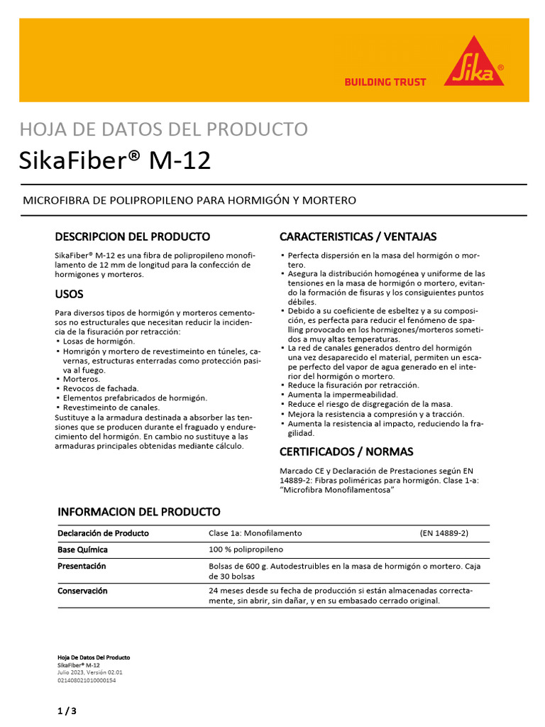 Sikafiber M 12 | PDF | Hormigón | Materiales