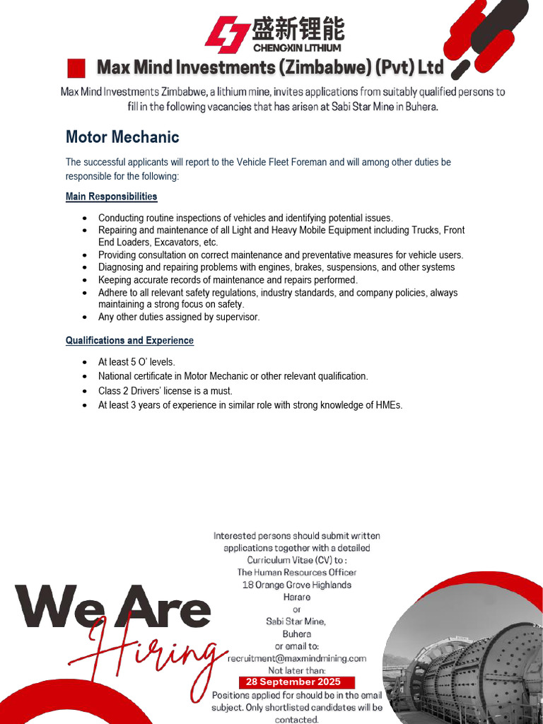 MMI Job Advert Motor Mechanic | PDF