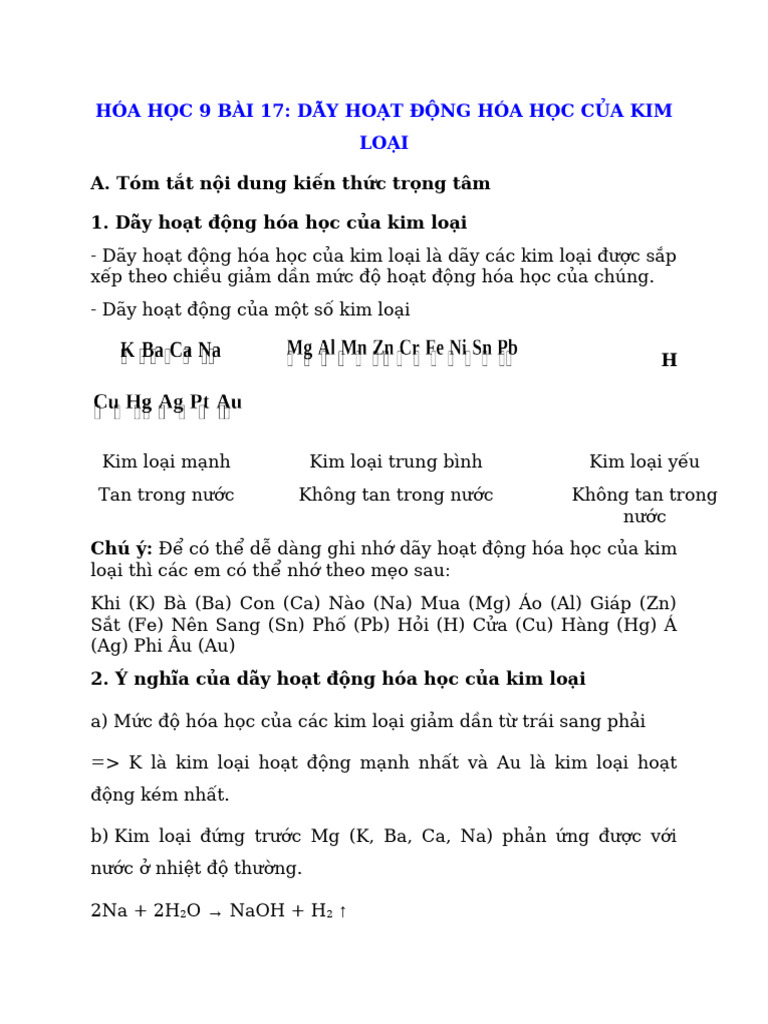 Hoa 9 Bai 17 Day Hoat Dong Hoa Hoc Cua Kim Loai | PDF