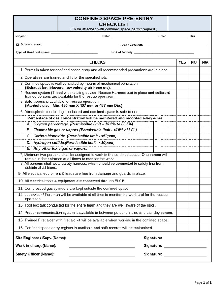 Checklist - Confined Space Pre-Entry Checklist | PDF | Safety | Occupational Safety And Health