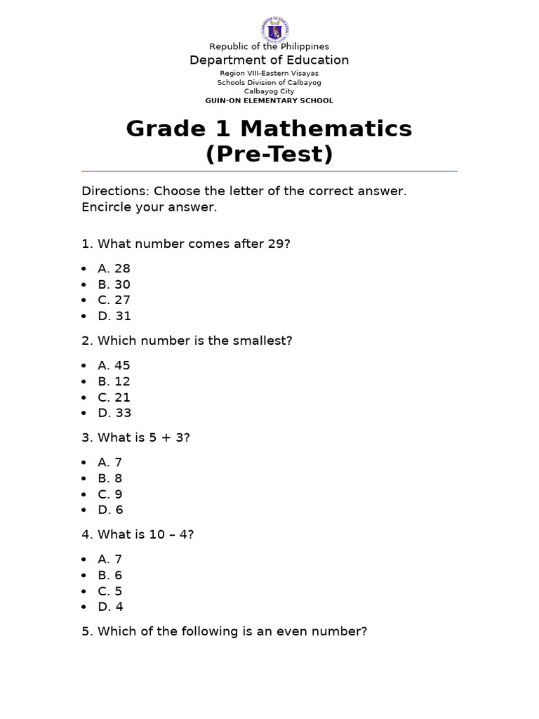 Grade 1 Math Pre-Test Questions | PDF