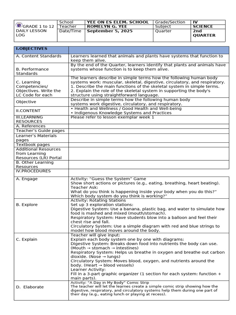 Grade 4 Science Daily Lesson Plan | PDF | Respiratory System ...