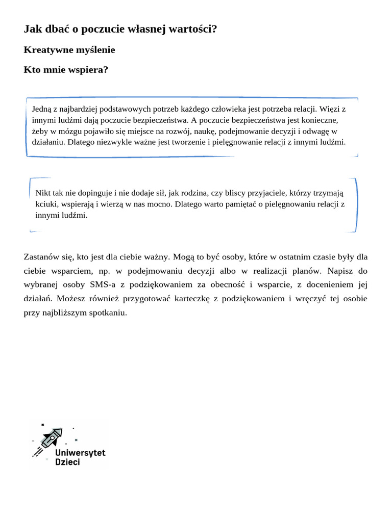 Kreatywne Myslenie Lekcja Zdalna Jak Dbac o Poczucie Wlasnej Wartosci | PDF