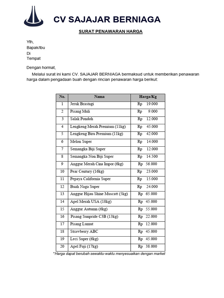 Penawaran Harga Buah CV SajaJar Berniaga | PDF