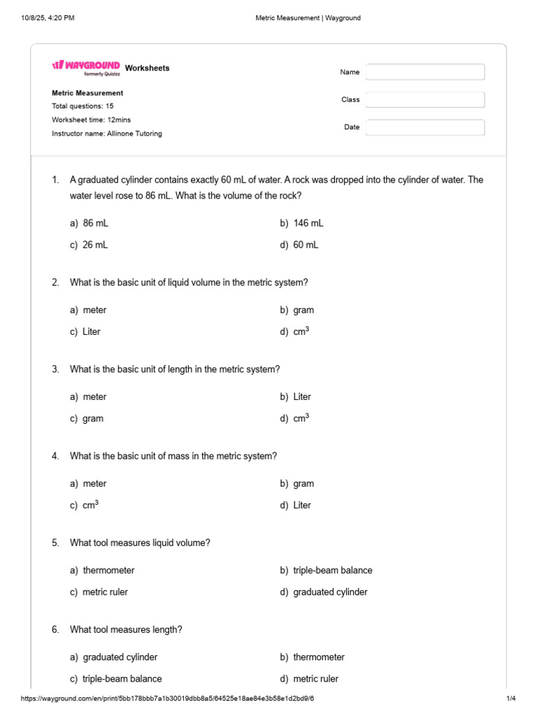 Metric Measurement Worksheets | PDF | Litre | Volume