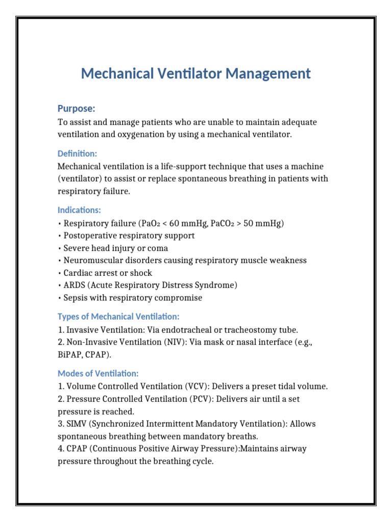 Mechanical Ventilator Management Procedure | PDF | Respiratory System ...