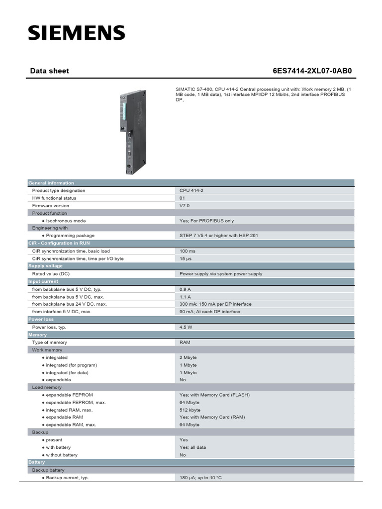 SIMATIC S7-400 CPU 414-2 Data Sheet | PDF | Bit Rate | Random Access Memory