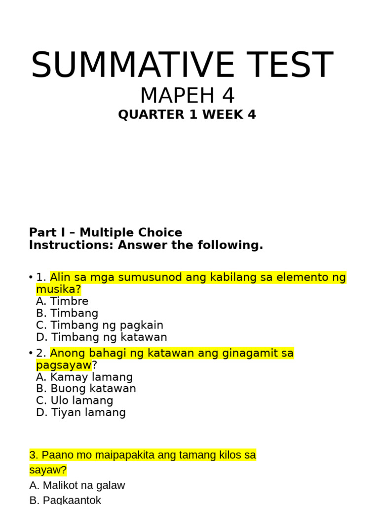 Summative in Music and Arts 4 Quarter 1 Week 4 | PDF
