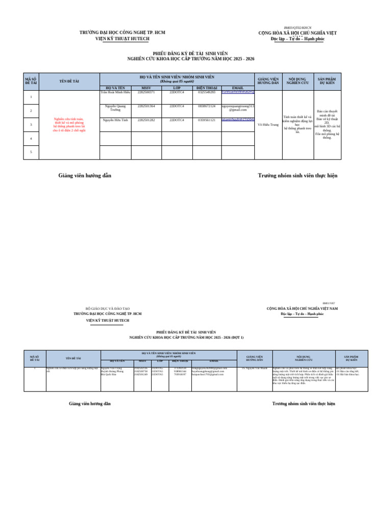 Phieu Dang Ky de Tai NCKH SV VKT | PDF