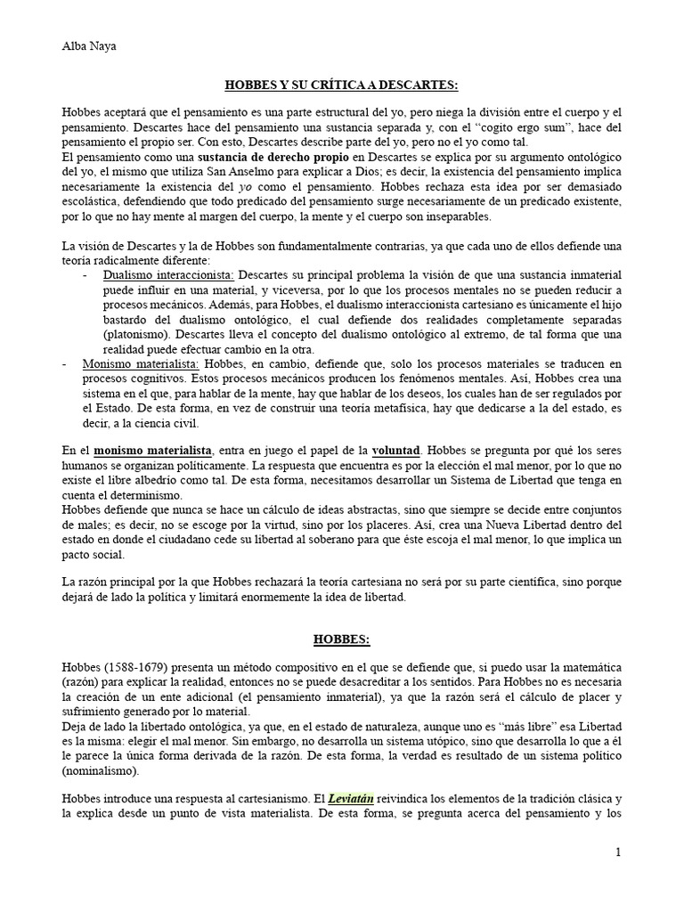Hobbes vs. Descartes: Dualismo y Monismo | PDF | René Descartes ...