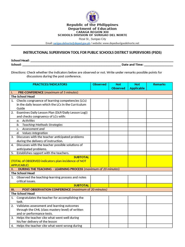 Instructional Supervision Tool for Schools | PDF | Teachers | Teaching