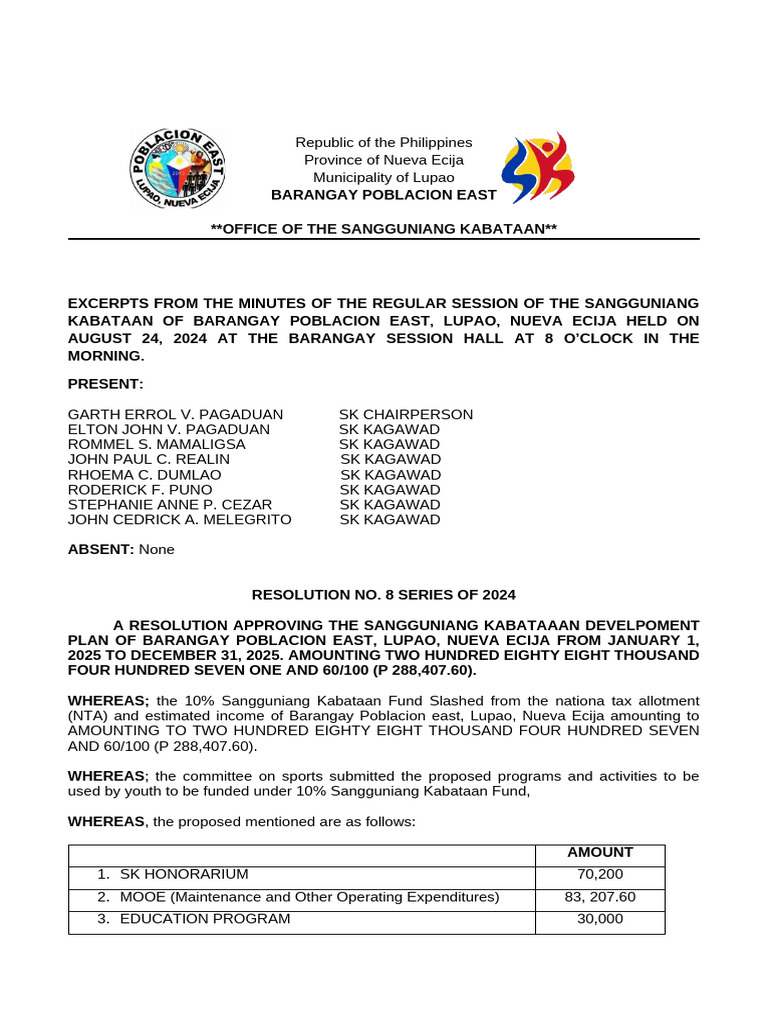 SK Development Plan for Poblacion East | PDF