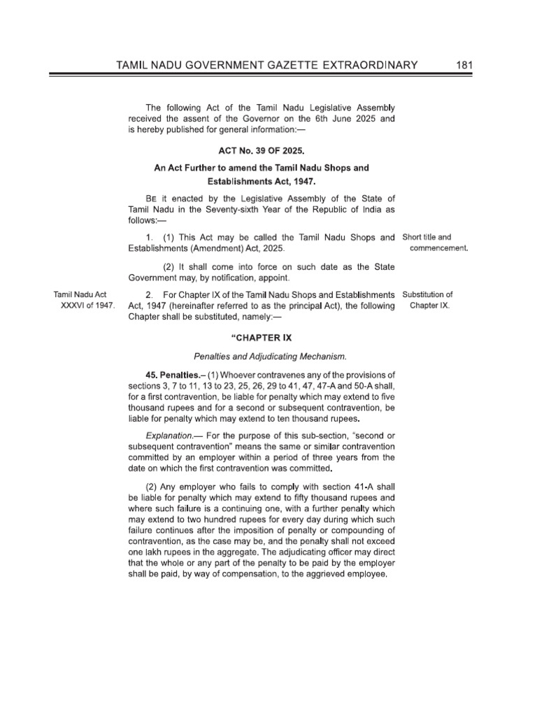 Tamil Nadu Shops and Establishments Amendment Act 2025 Jun132025 | PDF
