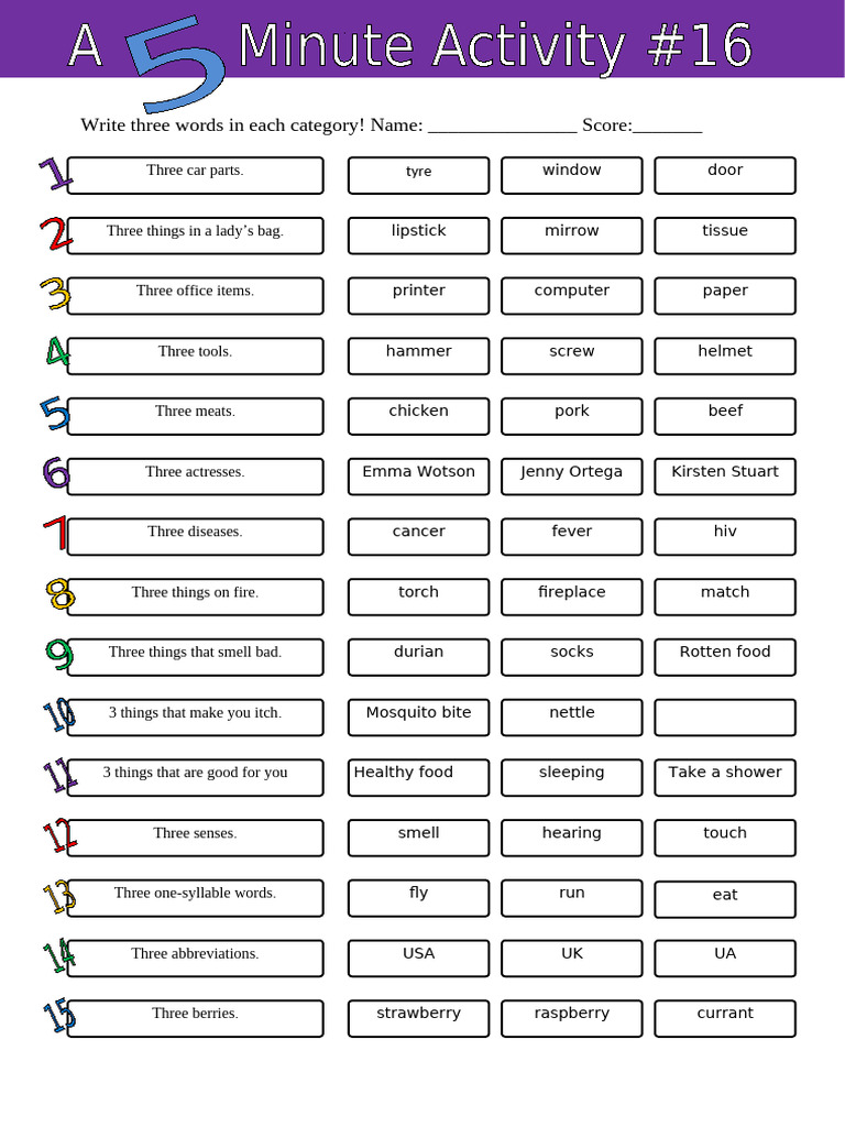Write Three Words in Each Category | PDF