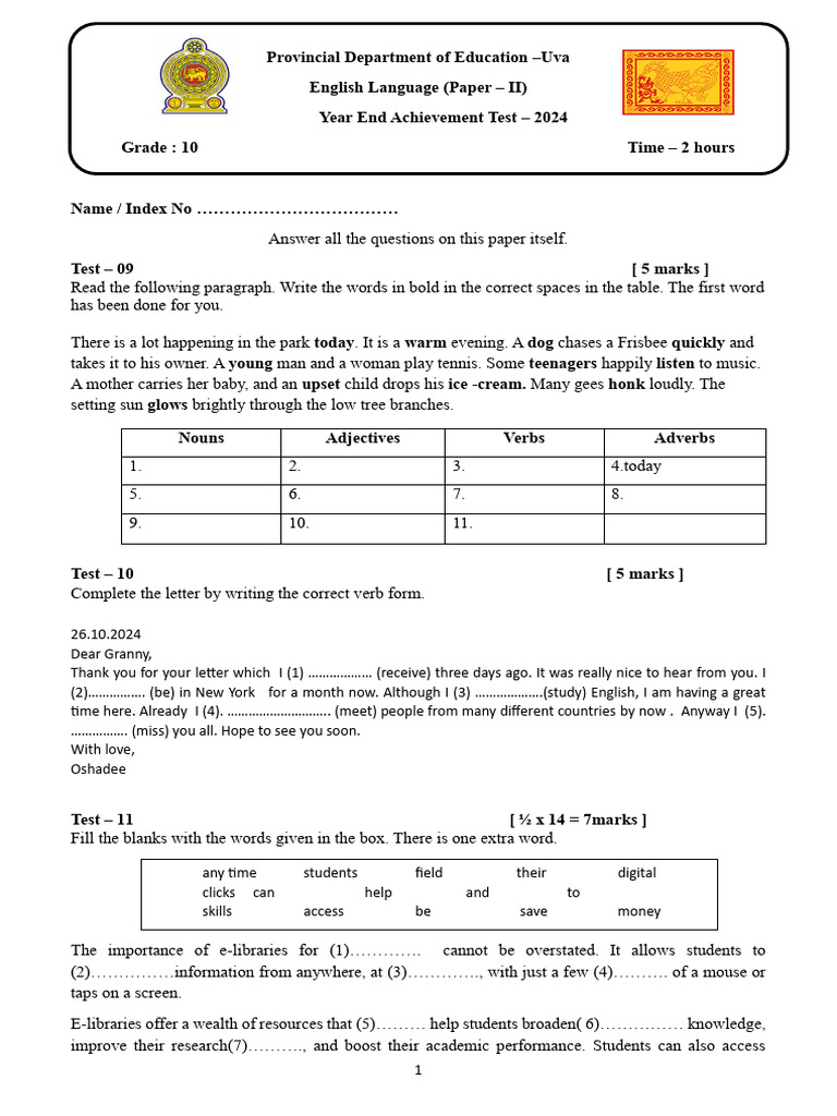 Grade 10 English Year-End Test 2024 | PDF | English Language | Verb