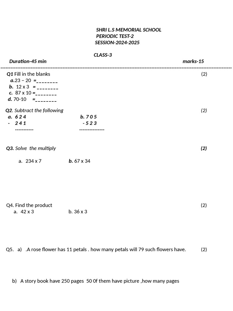 Class 3 Math Test Paper 2024-2025 | PDF