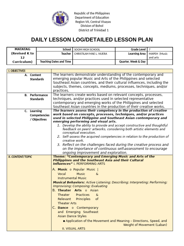 Grade 7 MAPEH Lesson Plan on Arts | PDF | Lesson Plan | Learning