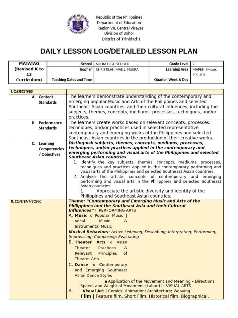 Music and Arts q1 Lesson Plan Week 3 | PDF | The Arts | Learning