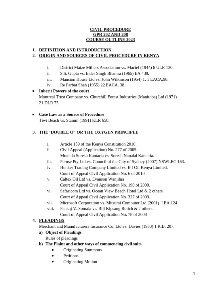 Civil Procedure Course Outline 2023 | PDF | Kenya | Legal Procedure
