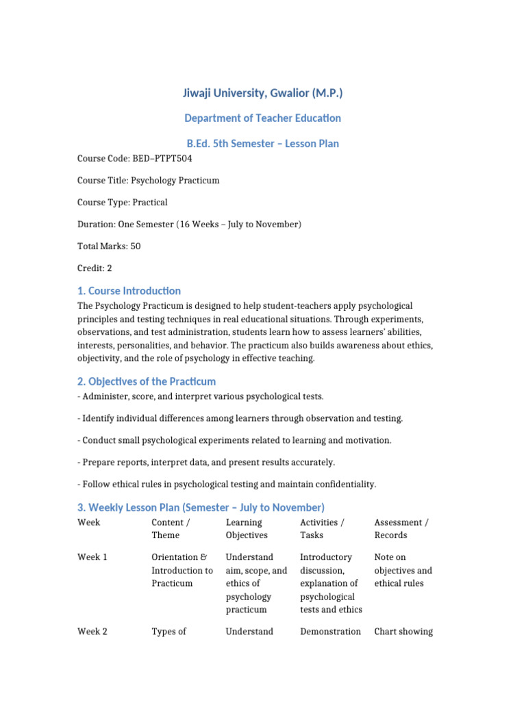 BED PTPT504 Psychology Practicum Lesson Plan Jiwaji University | PDF | Psychology | Learning