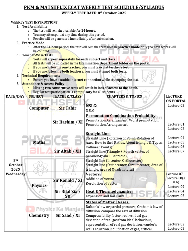 ECAT Weekly Test Schedule 2025 | PDF | Gases | Diffusion