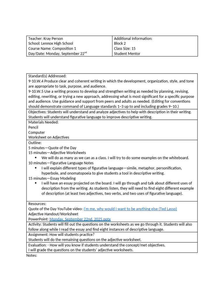 Lesson Plan September 22nd | PDF