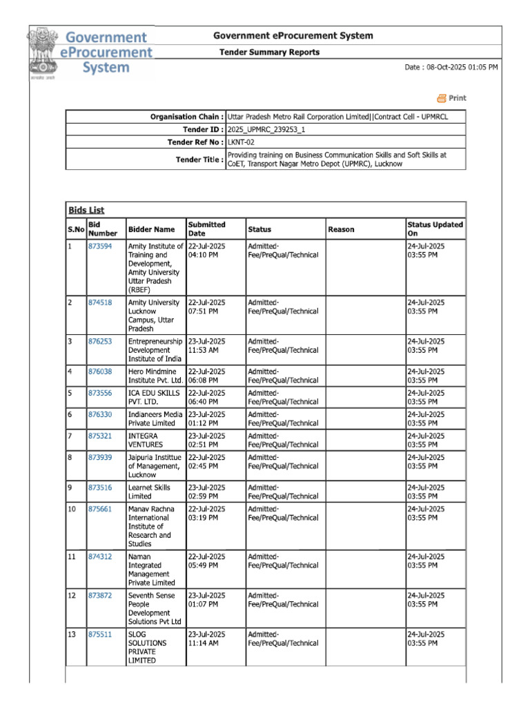UPMRC Tender Status | PDF