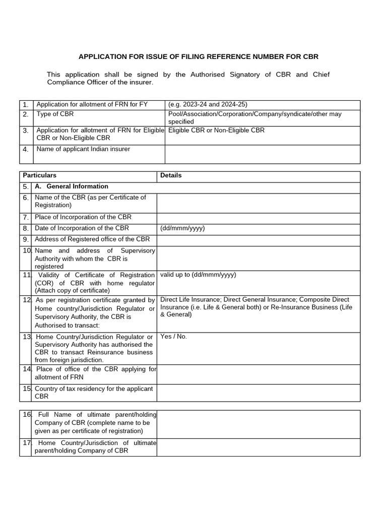 CBR Filing Reference Number Application | PDF | Reinsurance | Insurance