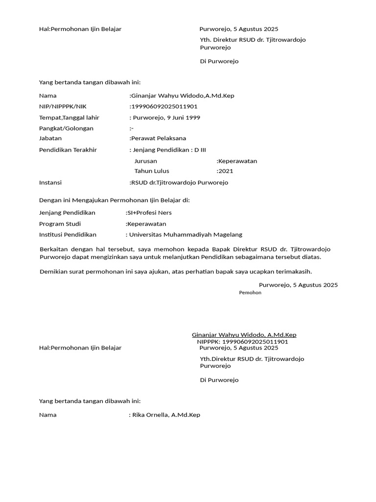Permohonan Ijin Belajar Keperawatan | PDF