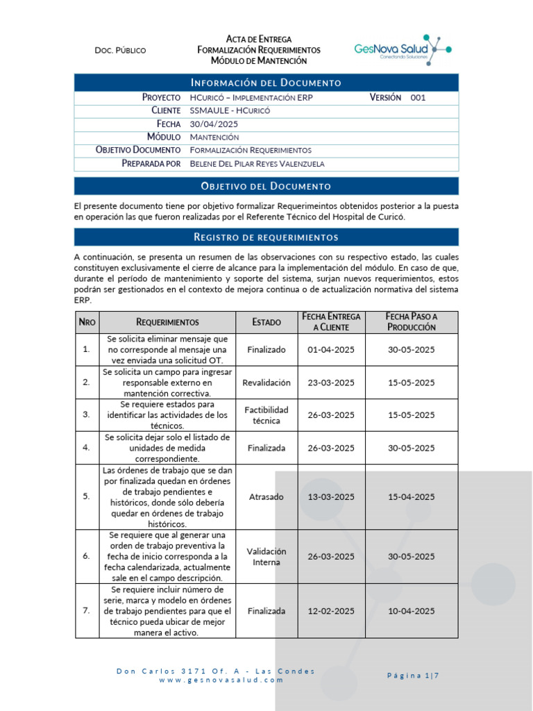 AE - FORMALIZACION REQ - MTO - HC - v1 | PDF | Planificación de recursos empresariales | Informática