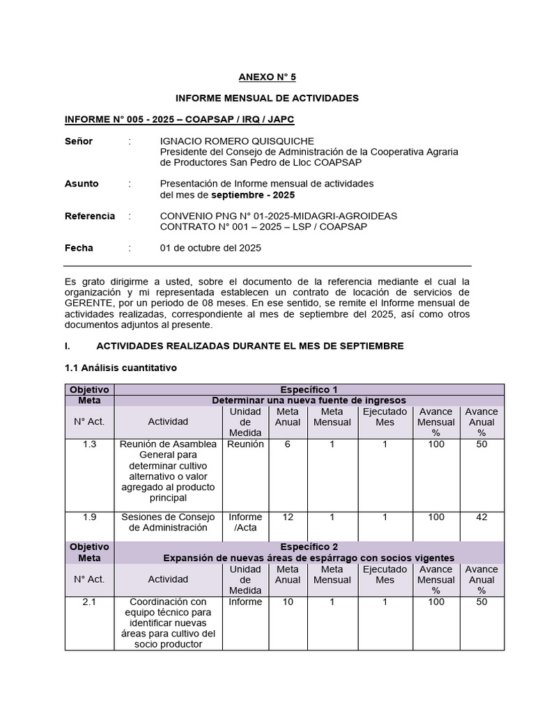 Informe Mensual 05 Mes de Septiembre 2025 v1 | PDF | Cooperativa ...