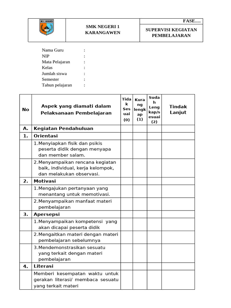 Format Supervisi KBM 2024 SMKN 1 Karangawen | PDF