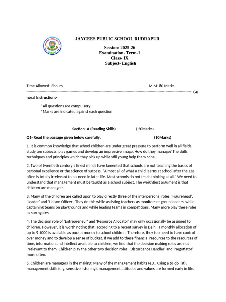 Class IX English Term-1 Exam Paper | PDF | Amazon Rainforest | Forests
