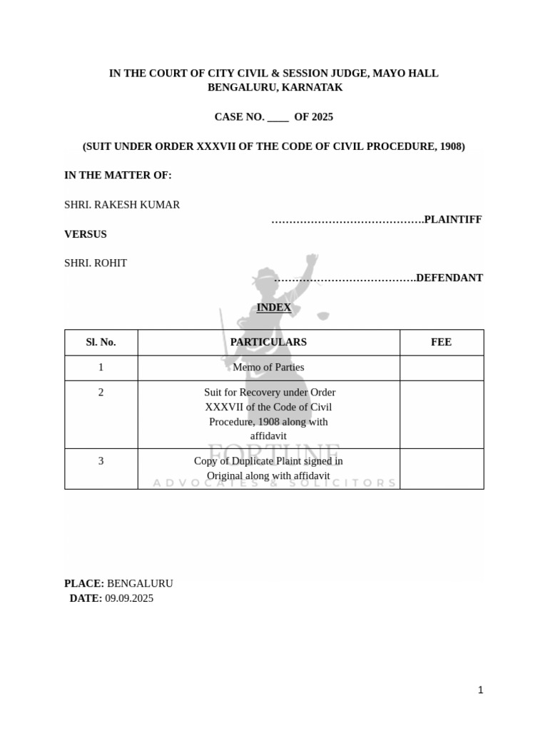 Summary Suit for Recovery of ₹52,000 | PDF