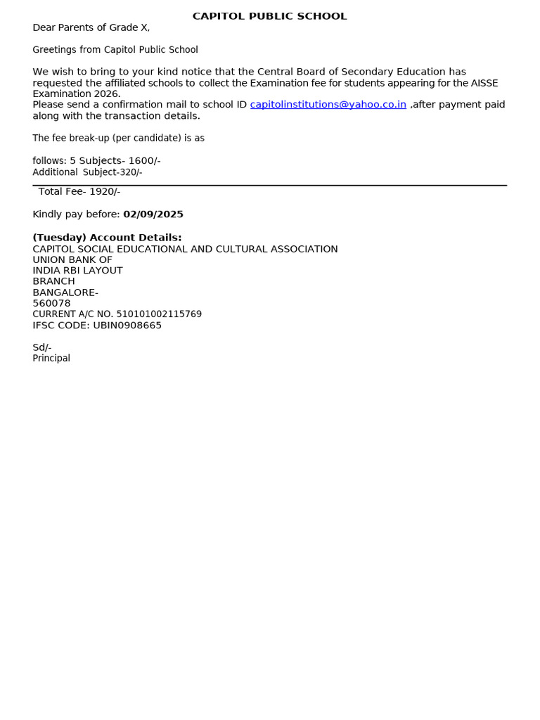 CBSE Grade X Fee Collection Circular-20250828131754 | PDF