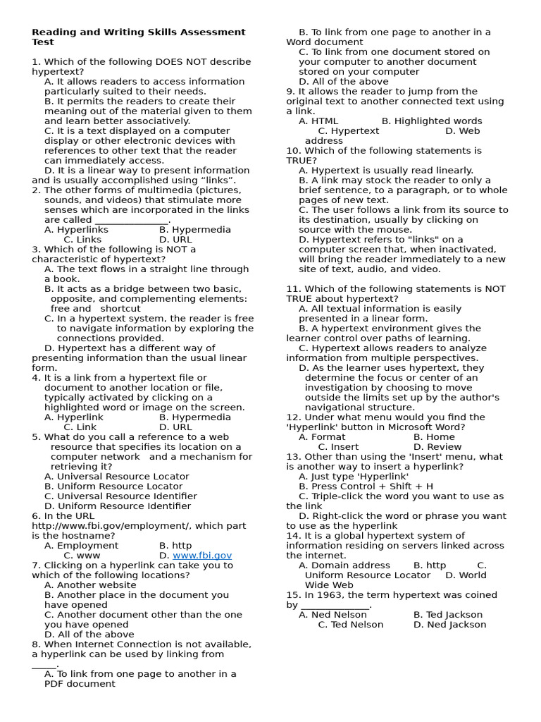 Hypertext and Multimedia Skills Test | PDF | Hyperlink | World Wide Web